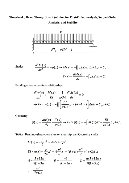 Timoshenko Beam Theory: Exact Solution for First-Order Analysis, Second-Order Analysis, and ...